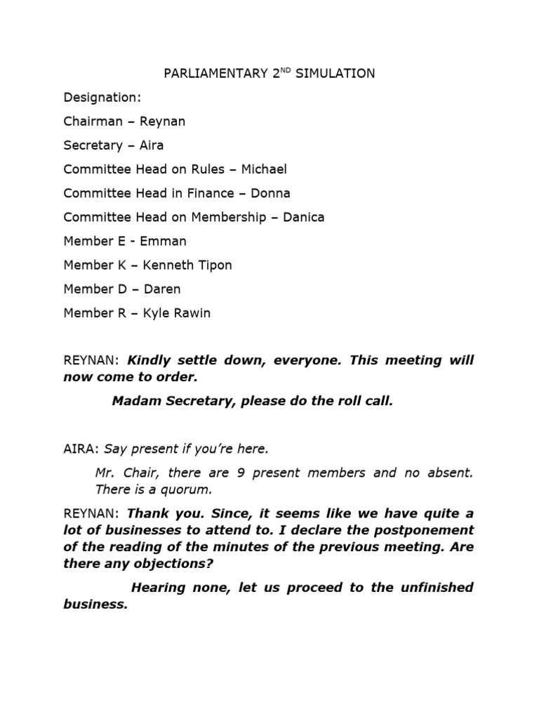Parliamentary Simulation Script | PDF | Committee | Political Law