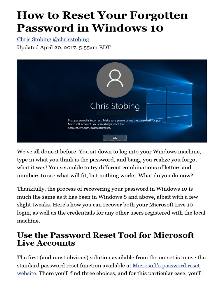 How to Reset Your Forgotten Password in Windows 10 | PDF | Password ...