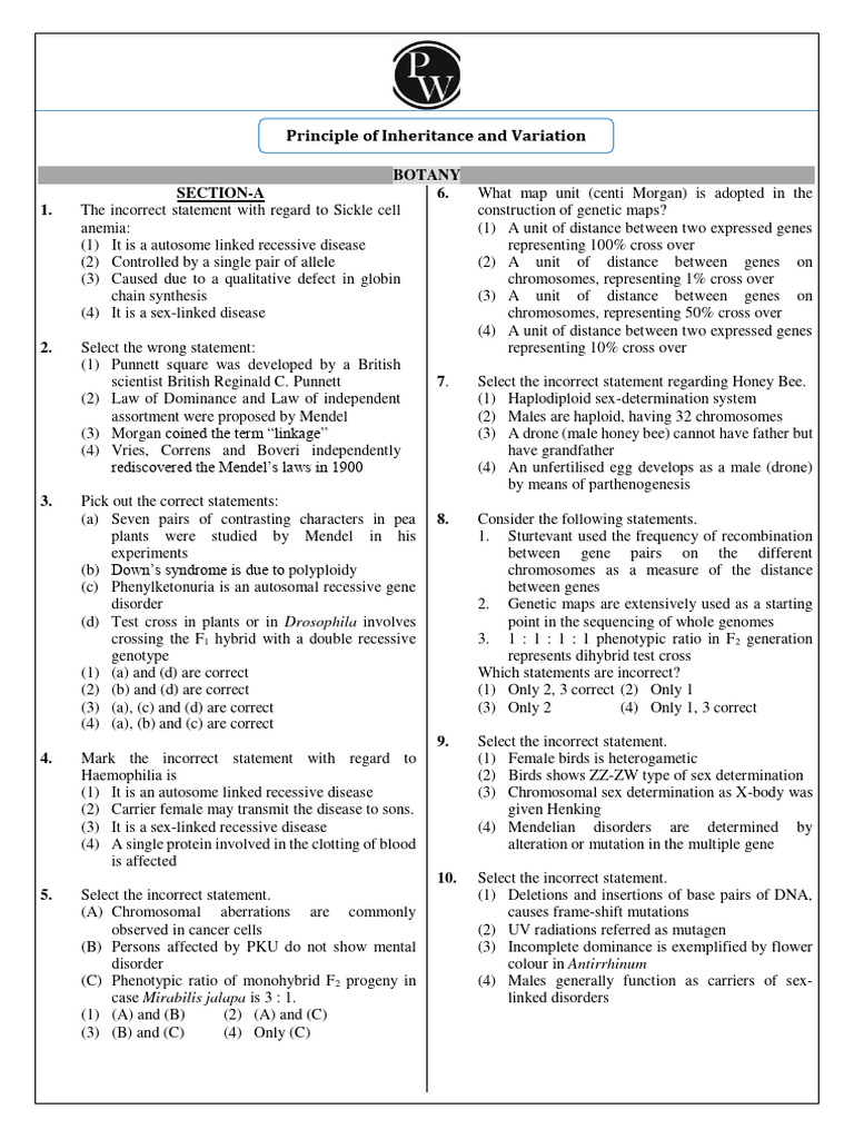 Statement Question MCQs on Principle of Inheritance and Variation | PDF ...