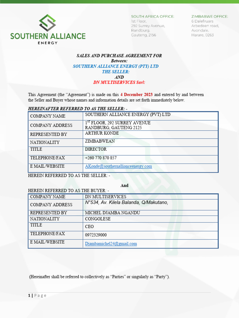 Sales and Purchase Agreement For Between:: Southern Alliance Energy (Pty) LTD The Seller | PDF ...