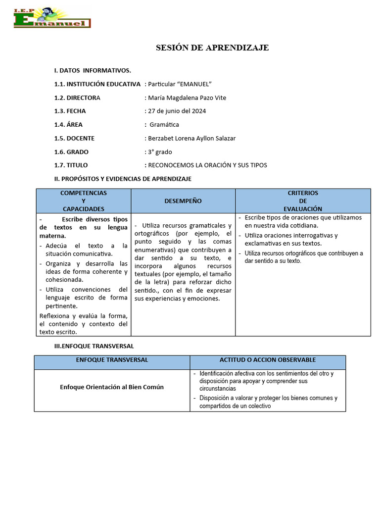 SESIÓN DE APRENDIZAJE GRAMATICA (Tipos de Oraciones) | PDF ...