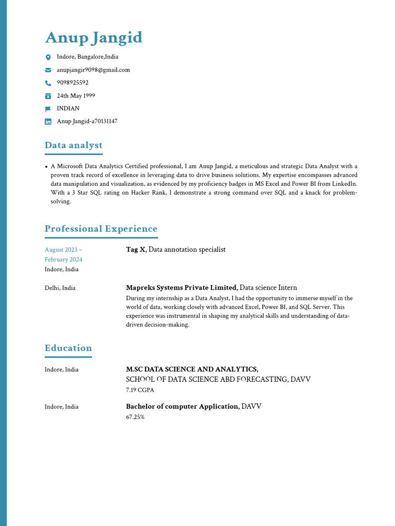 Data Analyst Resume: Anup Jangid | PDF | Data Science | Data Analysis