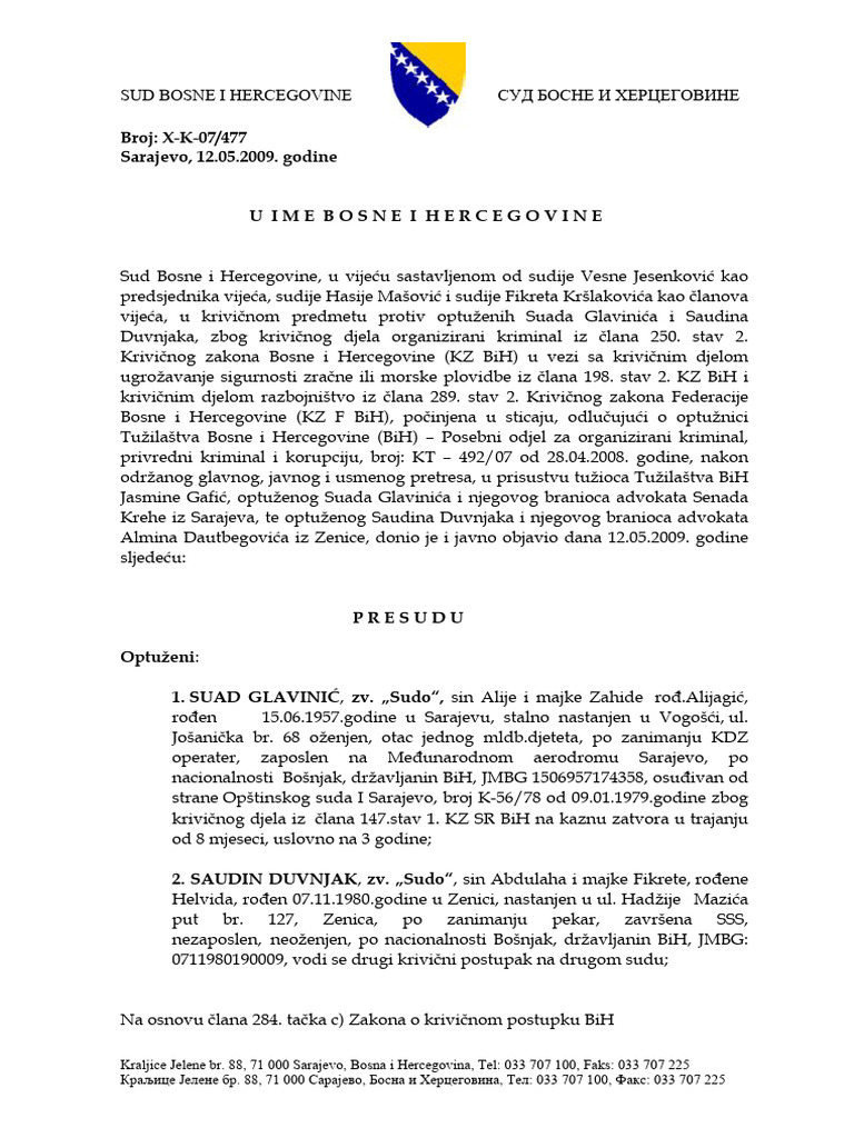 Suad Glavinic Prvostepena Presuda | PDF