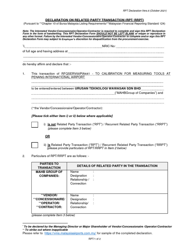 Declaration On Related Party Transaction v6.0 (Including Samples) | PDF ...