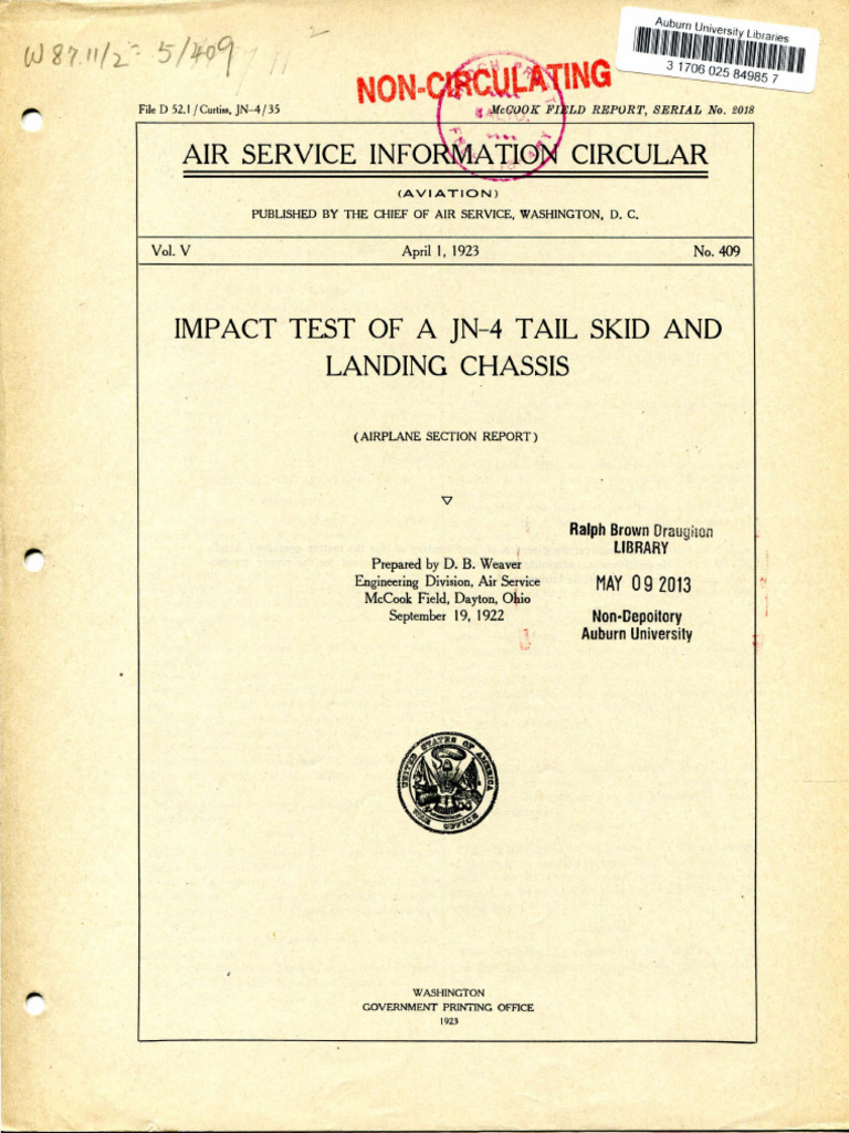 Impact Test of A JN-4 Tail Skid and Landing Chassis (1 April 1923 ...