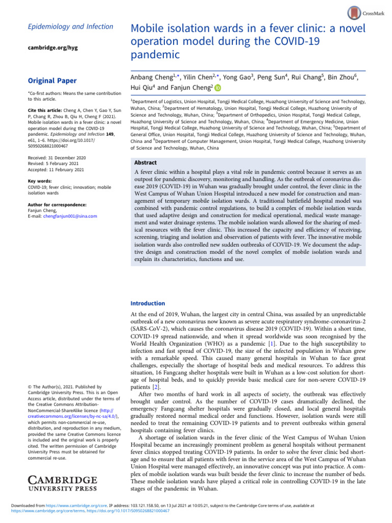 Cambridge Mobile Isolation Wards in a Fever Clinic a Novel Operation ...