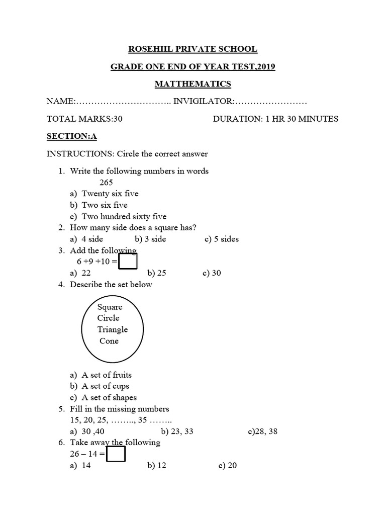 Grade One Maths End 2019 | PDF | Mathematics