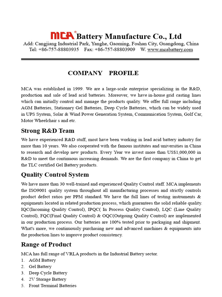 MCA Battery Company Profile | PDF | Electric Power | Galvanic Cells