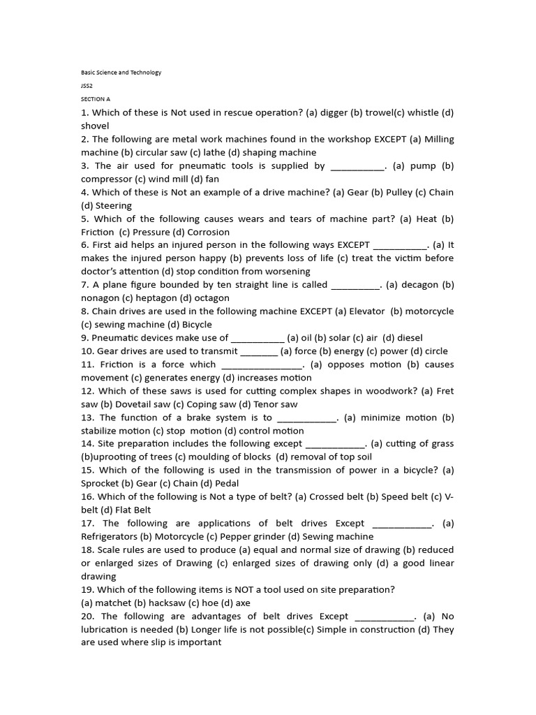 New Basic Technology JSS2 Examination Questions | PDF | Gear | Belt (Mechanical)