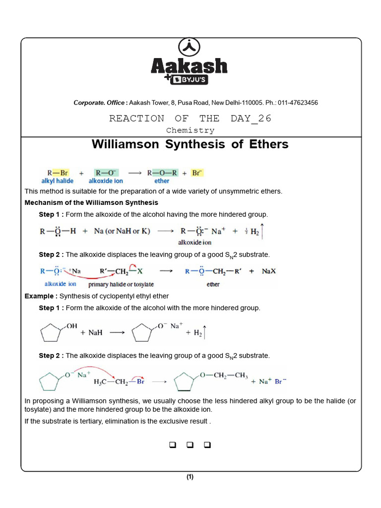 26 - Williamson Synthesis of Ethers | PDF | Ether | Chemistry