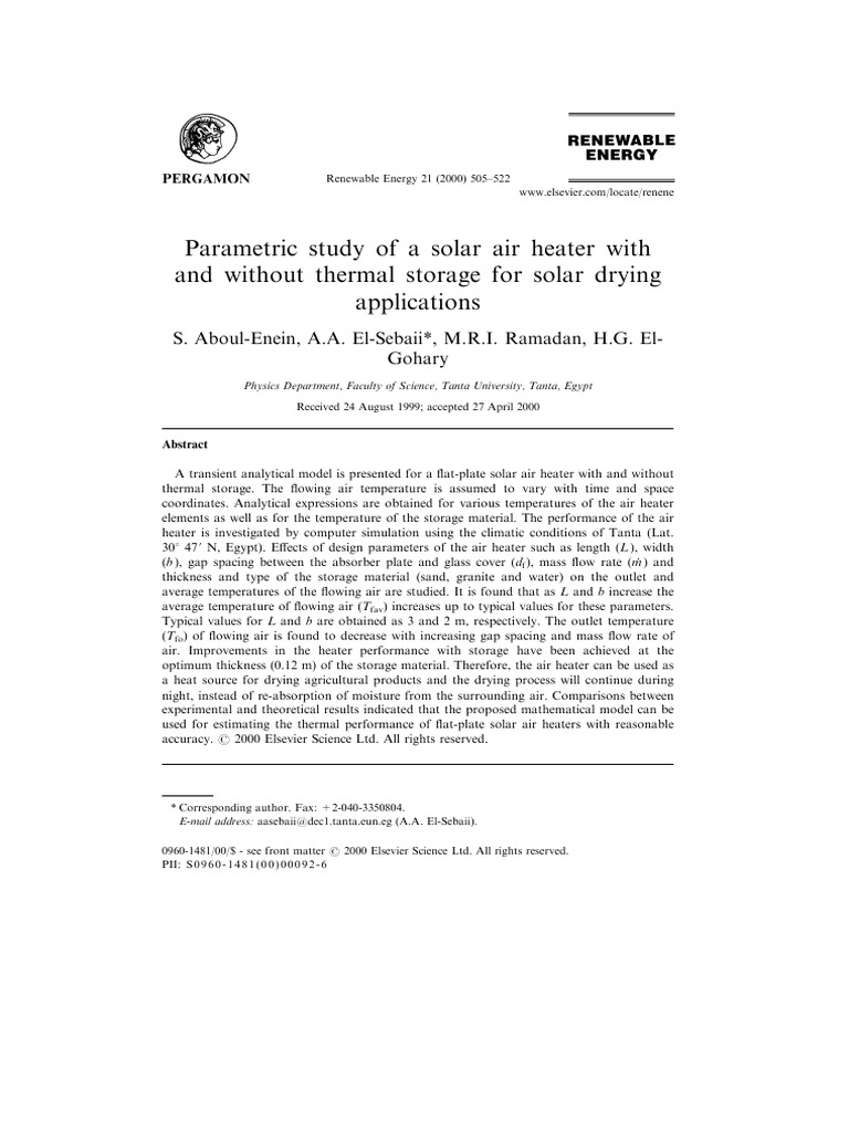 Parametric Study of A Solar Air Heater With and Without Thermal Storage ...