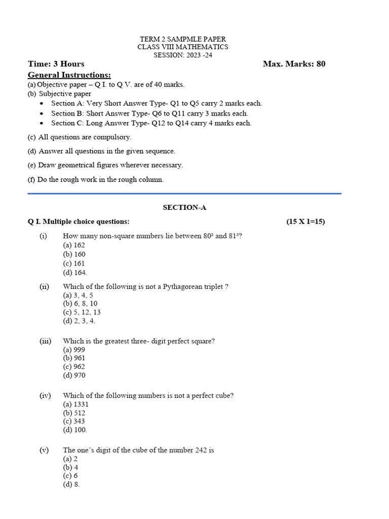 Time: 3 Hours Max. Marks: 80 General Instructions:: Term 2 Sampmle Paper Class Viii Mathematics ...