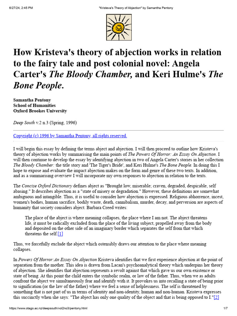 Kristeva's Theory of Abjection - by Samantha Pentony | PDF