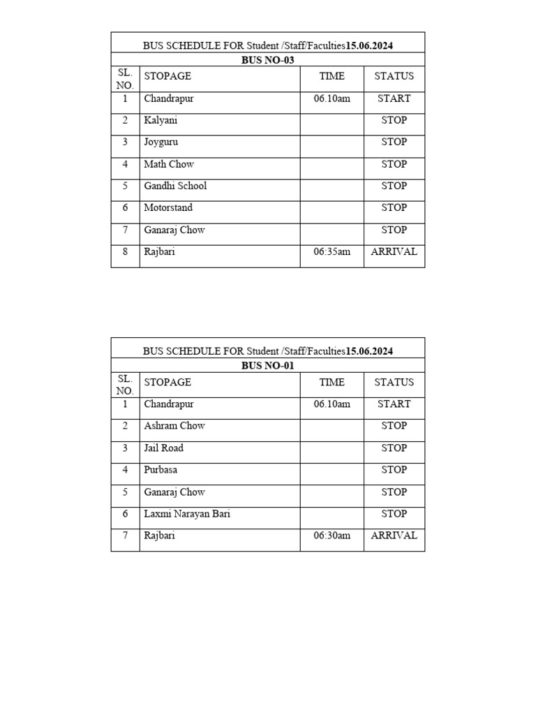 Bus Schedule On 15.06.2024 (20 Years Celebration) | PDF