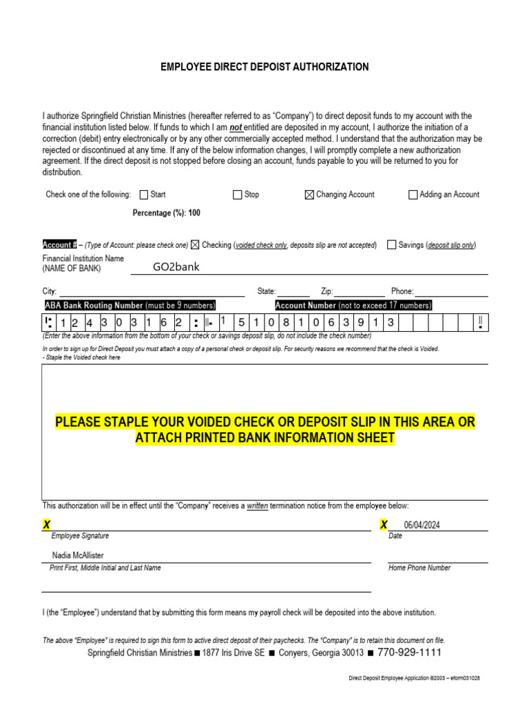 Direct Deposit Authorization.7.30.19 | PDF | Cheque | Paycheck