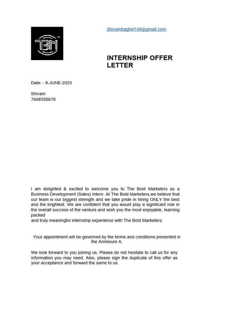 Vinitha - INTERNSHIP OFFER LETTER | PDF