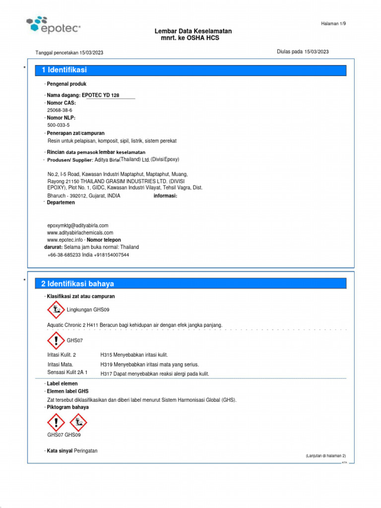 MSDS - EPOTEC YD 128 - Indonesia | PDF