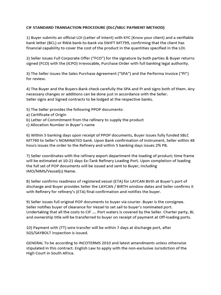Cif Standard Transaction Procedure (DLC/SBLC Payment Method) | PDF ...