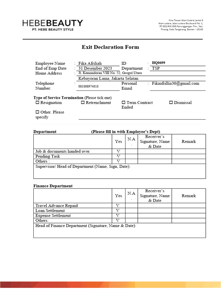 [HEBE] Resign - Exit Declaration Form Salinan | PDF | Business