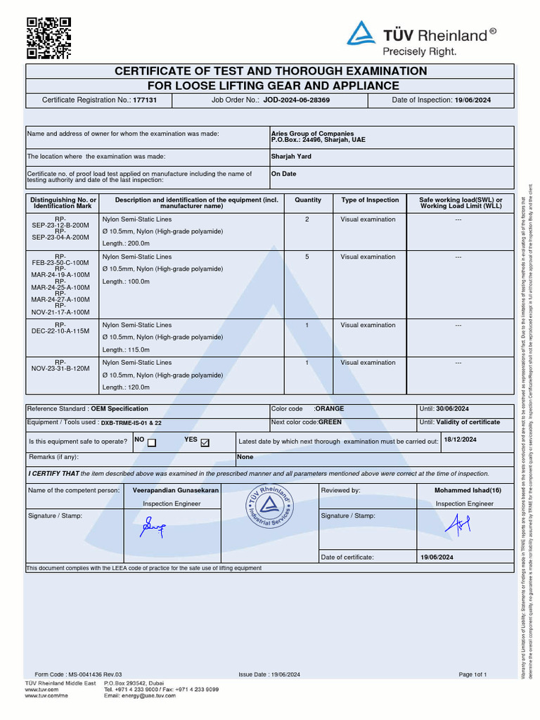 Certificate of Test and Thorough Examination For Loose Lifting Gear and ...
