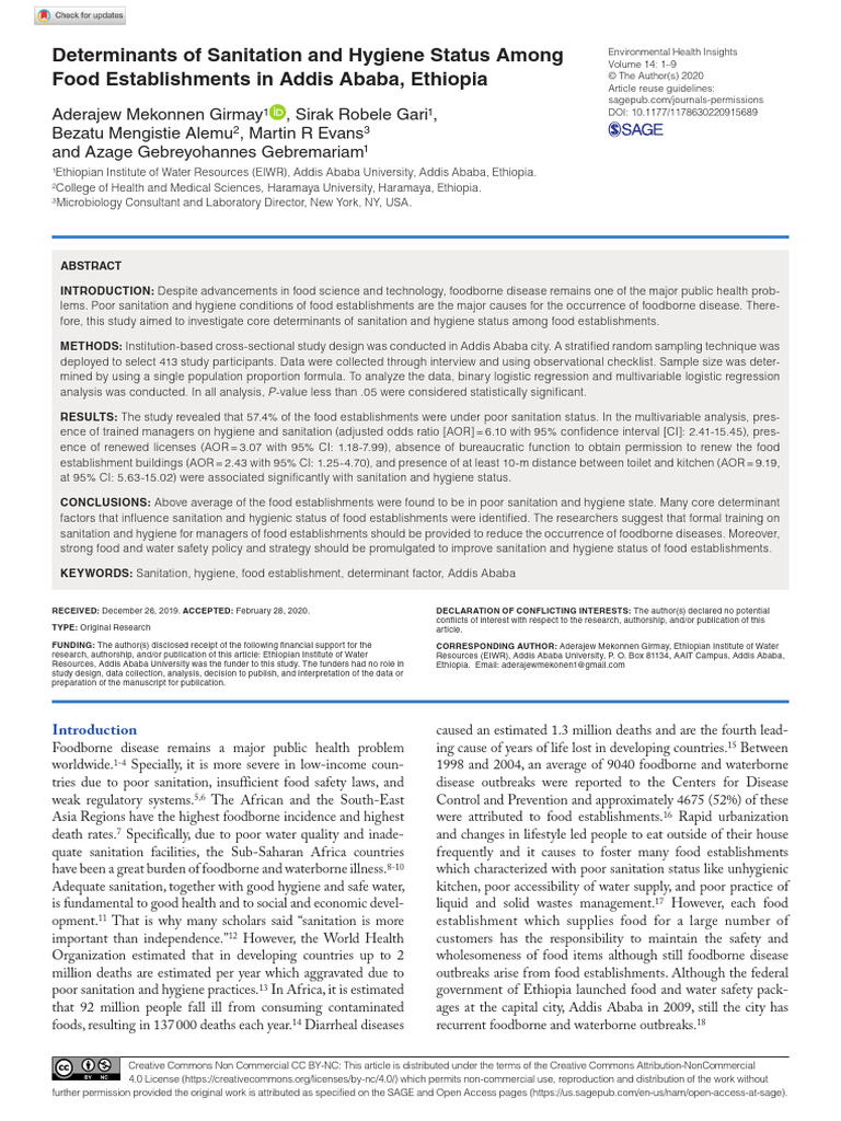 Girmay Et Al 2020 Determinants of Sanitation and Hygiene Status Among ...
