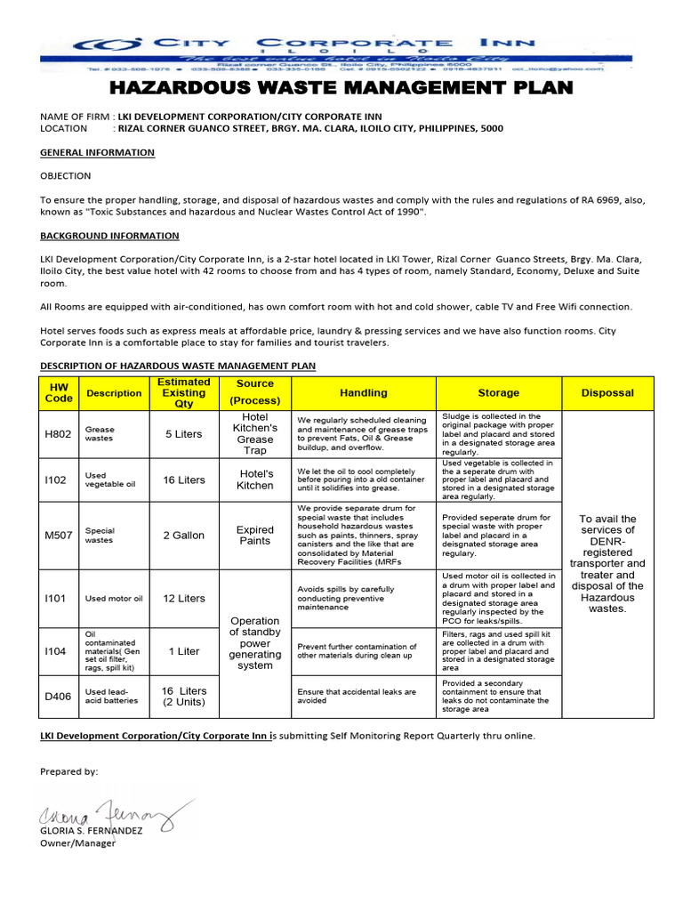 LKI HAZARDOUS WASTE MANAGEMENT PLAN1 | PDF | Waste | Fat