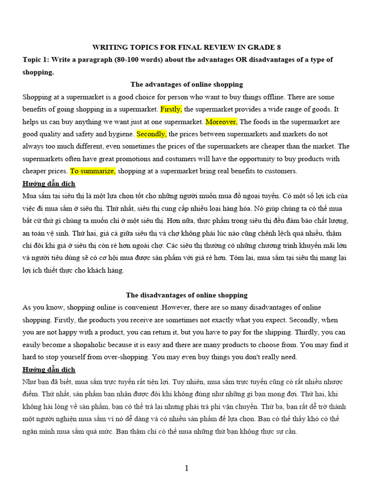 Writing Topics For Final Review in Grade 8 | PDF