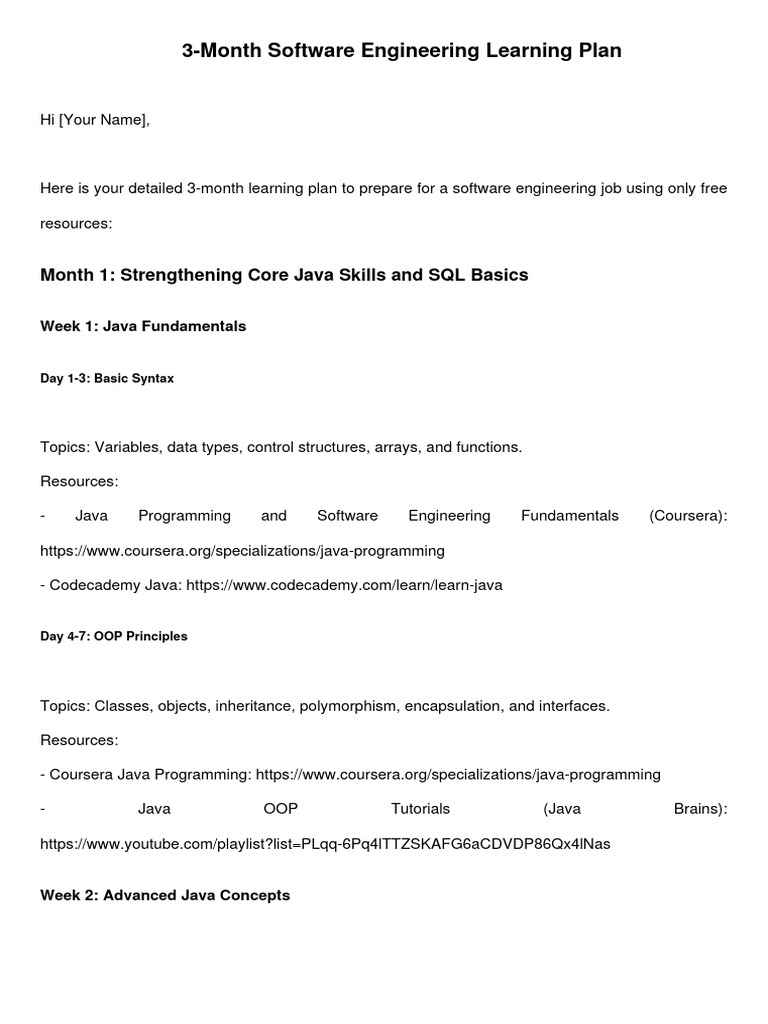 3 Month Software Engineering Learning Plan | Download Free PDF | Java (Programming Language ...