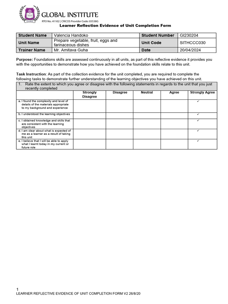 Unit Completion Reflection Form | PDF | Learning | Food Safety