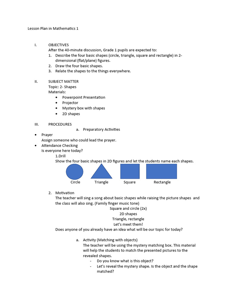 2D Shapes Lesson Plan | PDF | Shape | Lesson Plan