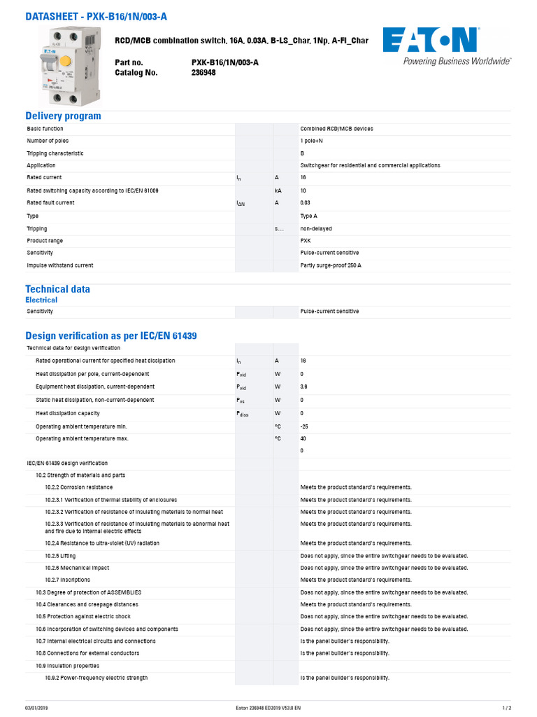 RCD/MCB Combination Switch, 16A, 0.03A, B-LS - Char, 1Np, A-FI - Char Part No. PXK-B16/1N/003-A ...