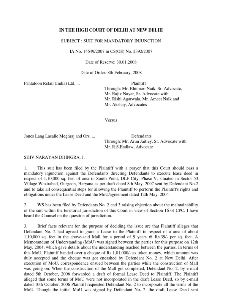 Delhi High Court Mandatory Injunction Suit | PDF | Lease | Lawsuit