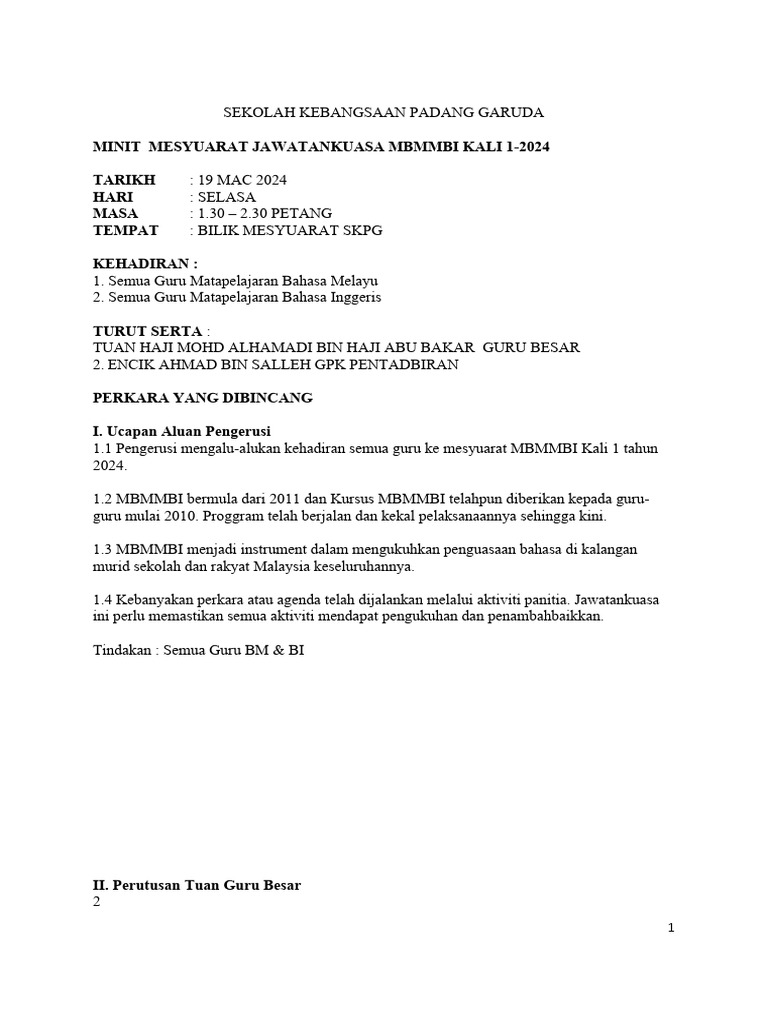 Minit Mesyuarat Mbmmbi 1 - 2024 | PDF