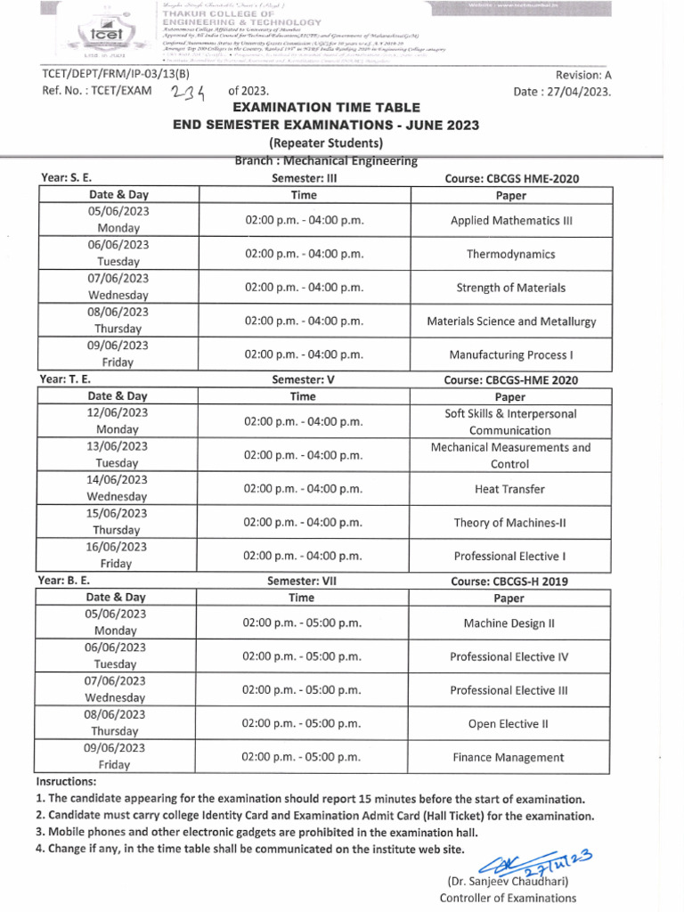 Ese Sem III, V, Vii (Repeater) May 2023 Timetable | PDF