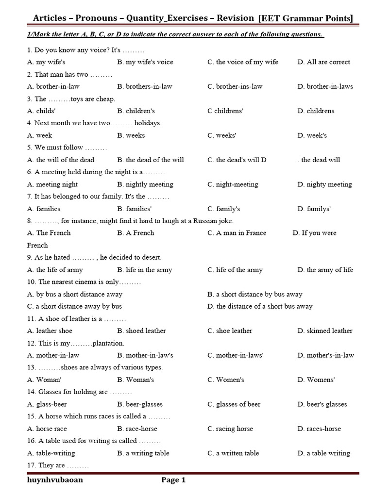 (TBA) Articles - Pronouns - Quantity (Determiners) - Ex-Revision | PDF