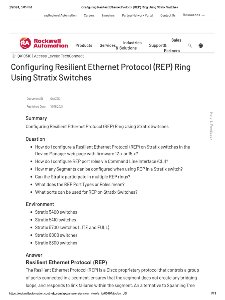 Configuring Resilient Ethernet Protocol (REP) Ring Using Stratix Switches | PDF