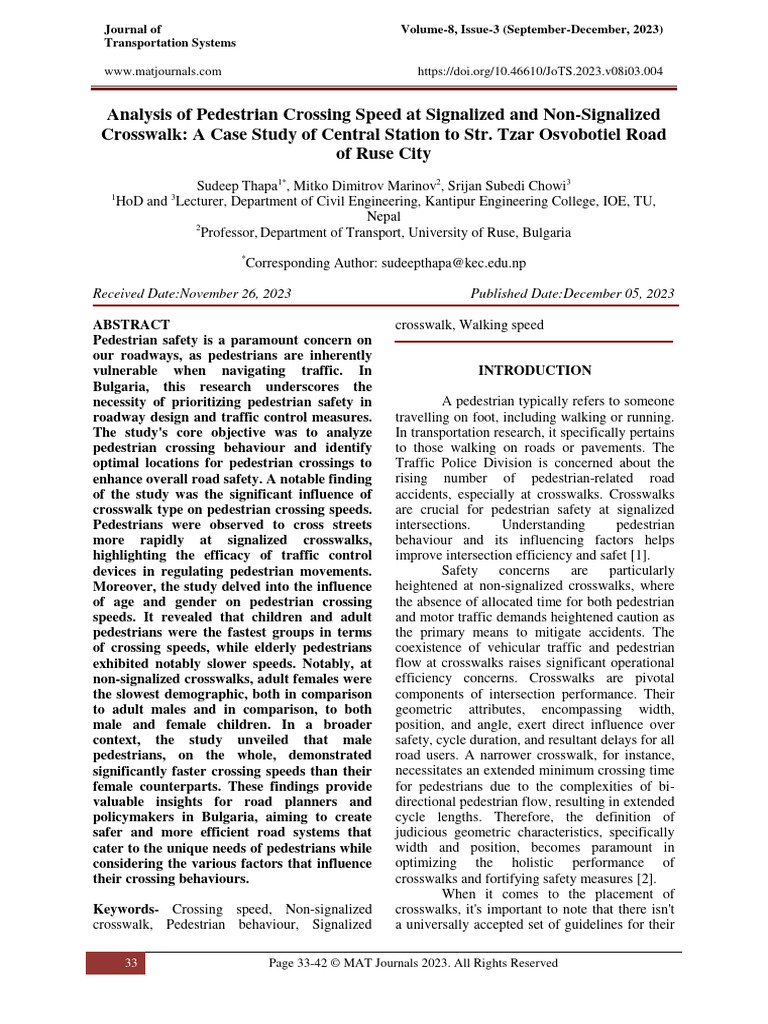 Analysis of Pedestrian Walking Speed On Signalized and Non-Signalized Crosswalk | PDF ...