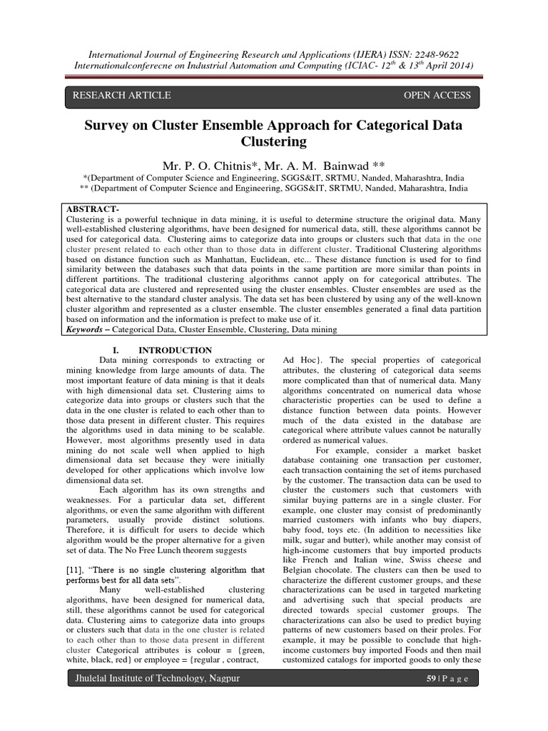 Survey On Cluster Ensemble Approach For Categorical Data Pdf Cluster Analysis Applied 7024