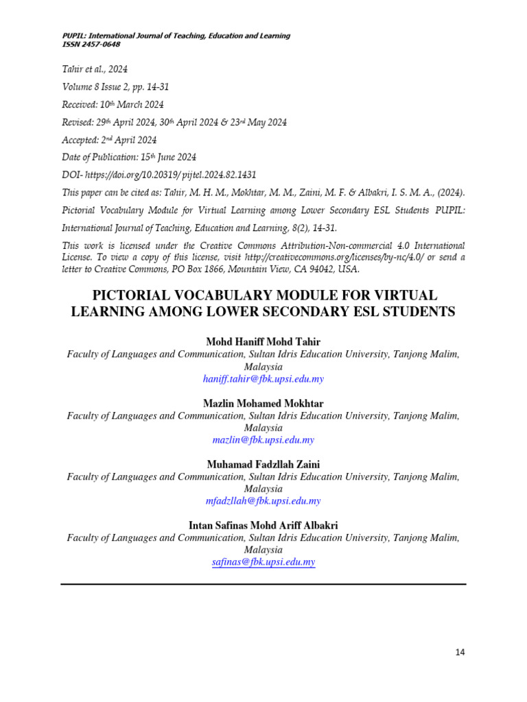 Pictorial Vocabulary Module For Virtual Learning Among Lower Secondary ...