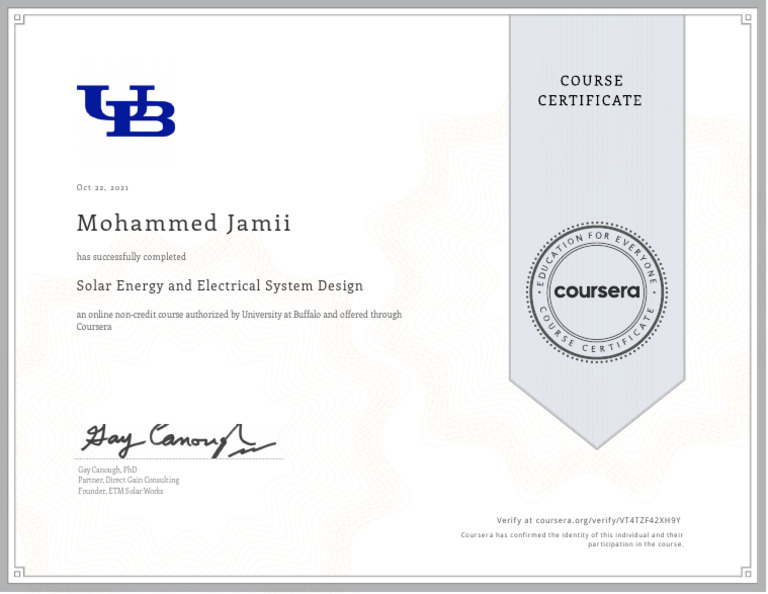 Solar Energy Course Completion Certificate | PDF