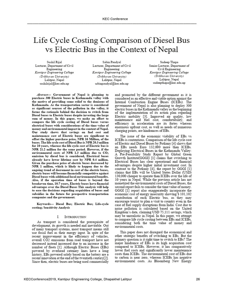 Diesel vs Electric Bus Cost Analysis Nepal | PDF | Bus | Life Cycle ...