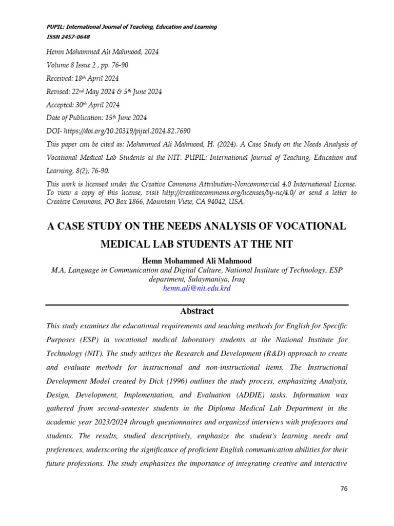 A Case Study On The Needs Analysis of Vocational Medical Lab Students ...