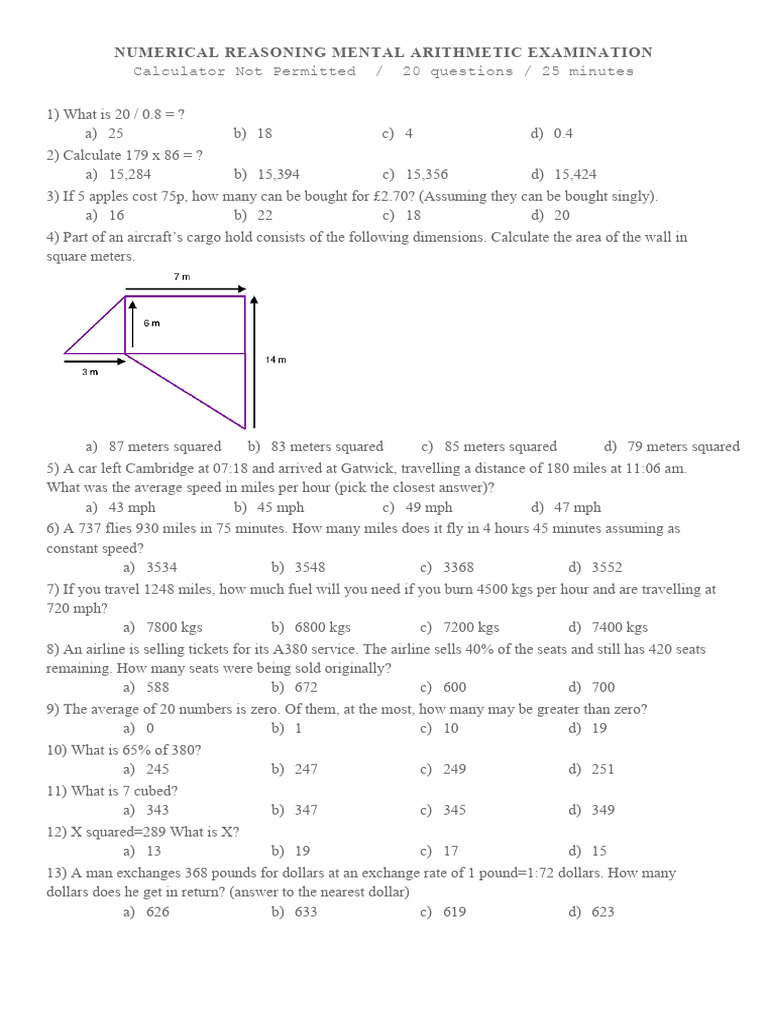 Numerical Reasoning Mental Arithmetic Examination | PDF | Speed | Transport