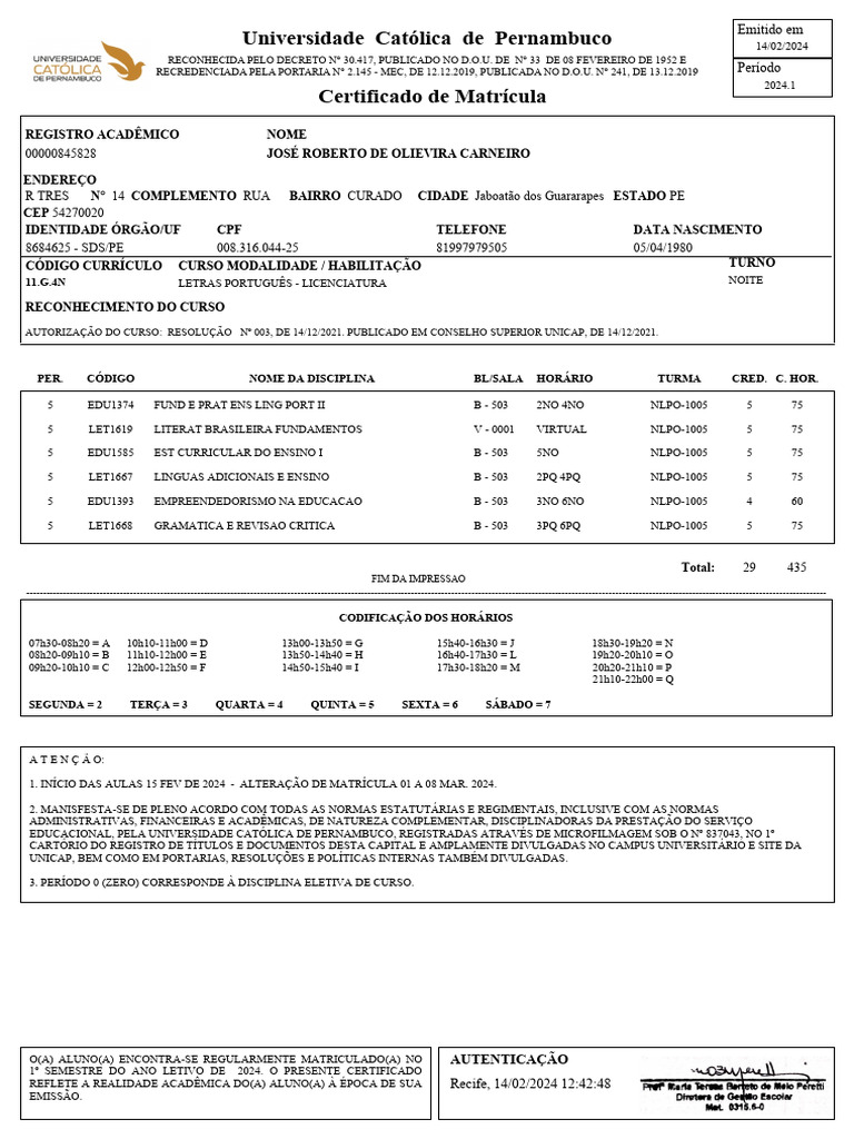 Comprovante de Matricula Universitario | PDF