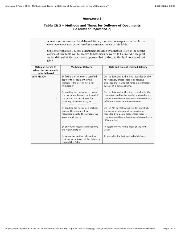 Annexure 3 Table CR 3 - Methods and Times For Delivery of Documents (In ...