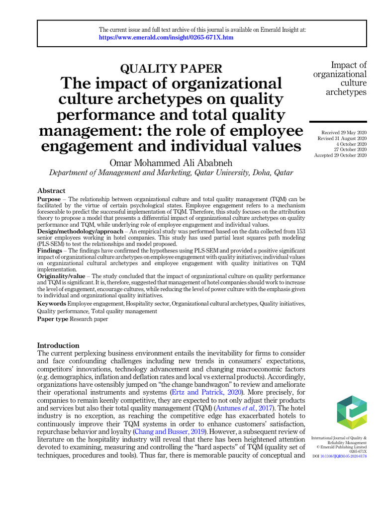 The Impact of Organizational Culture Archetypes On Quality Performance ...