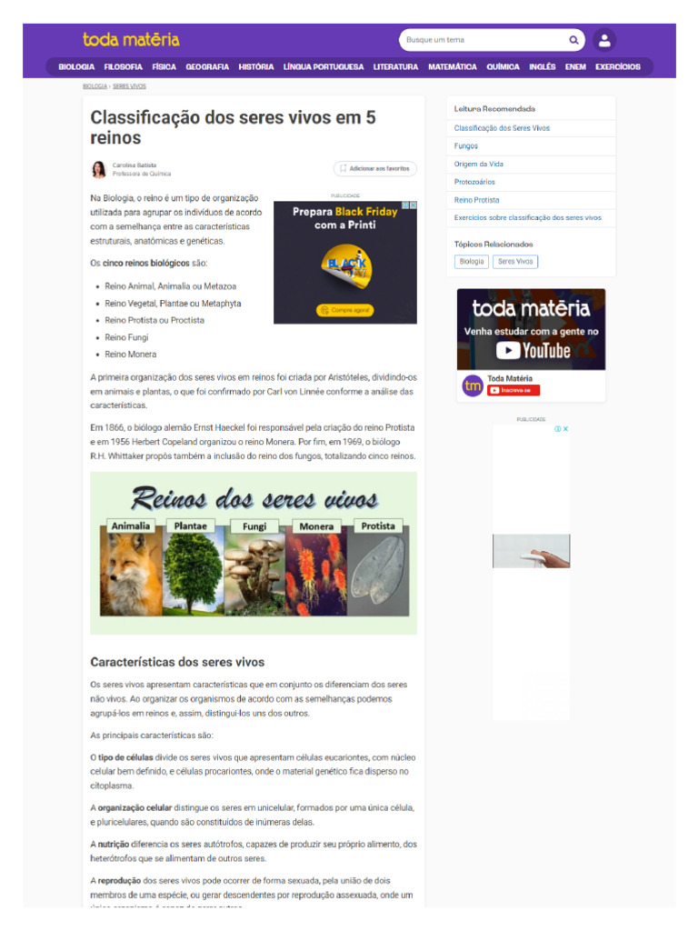 Classificação Dos Seres Vivos em 5 Reinos | PDF