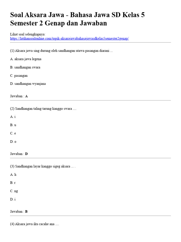 Soal Aksara Jawa - Bahasa Jawa SD Kelas 5 Semester 2 Genap Dan Jawaban ...