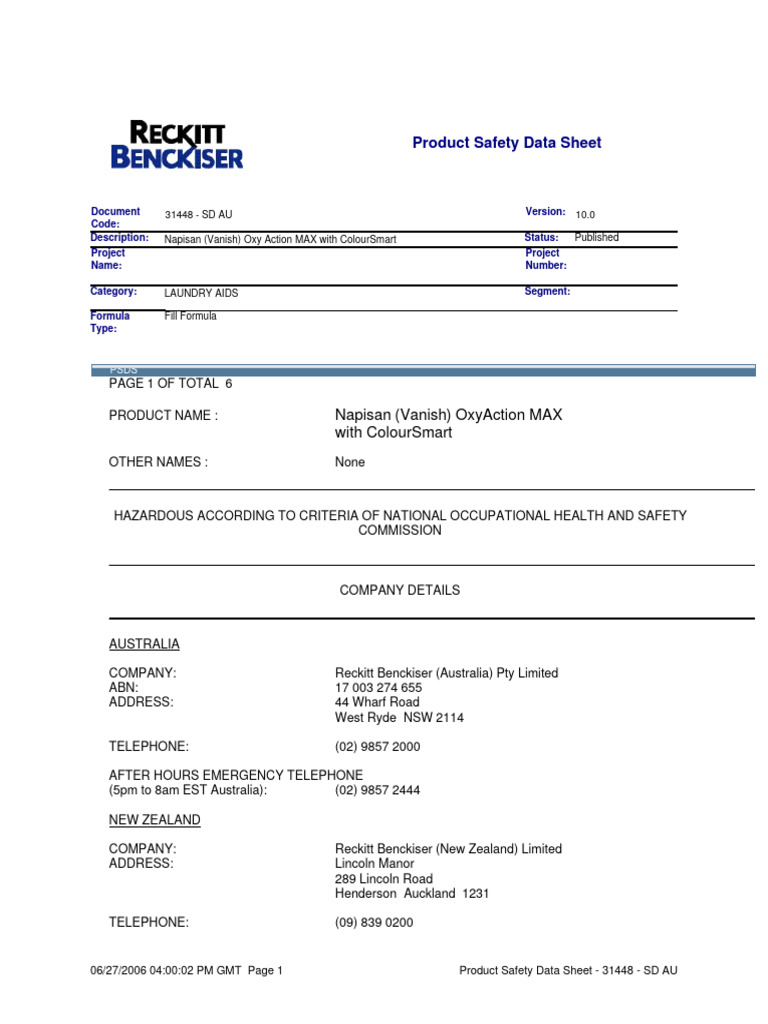 Napisan (Vanish) Oxi Action | PDF | Dangerous Goods | Occupational Safety And Health