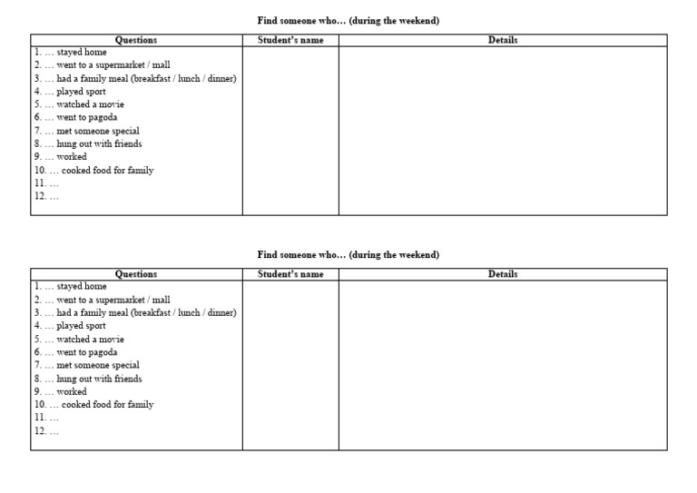 Weekend Activity Survey Questions | PDF | Wellness